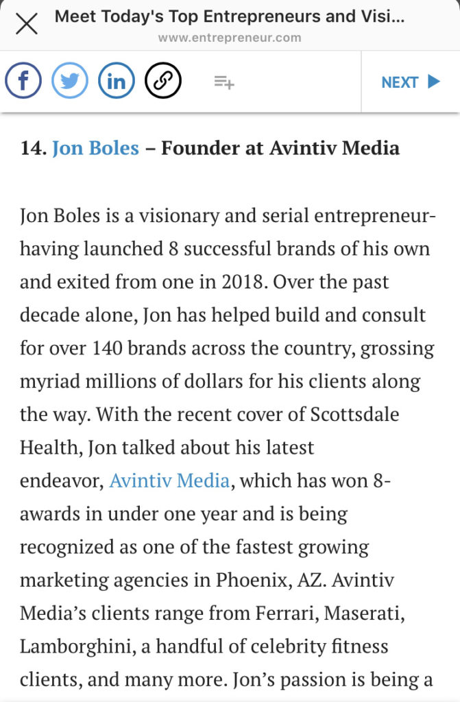 Top Entrepreneur and Visionary by Entrepreneur.com | Jon Boles